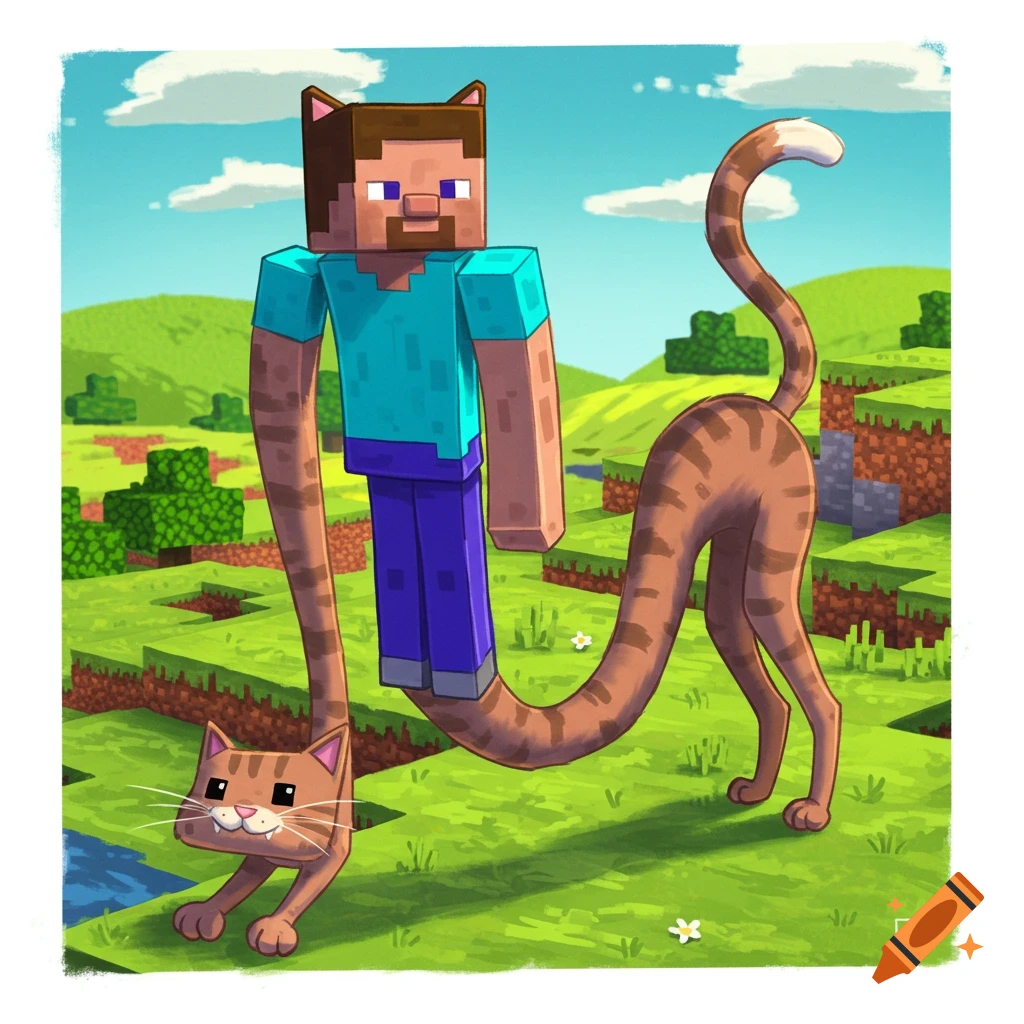 Minecraft Steve with elongated cat-like limbs standing in a pixelated ...
