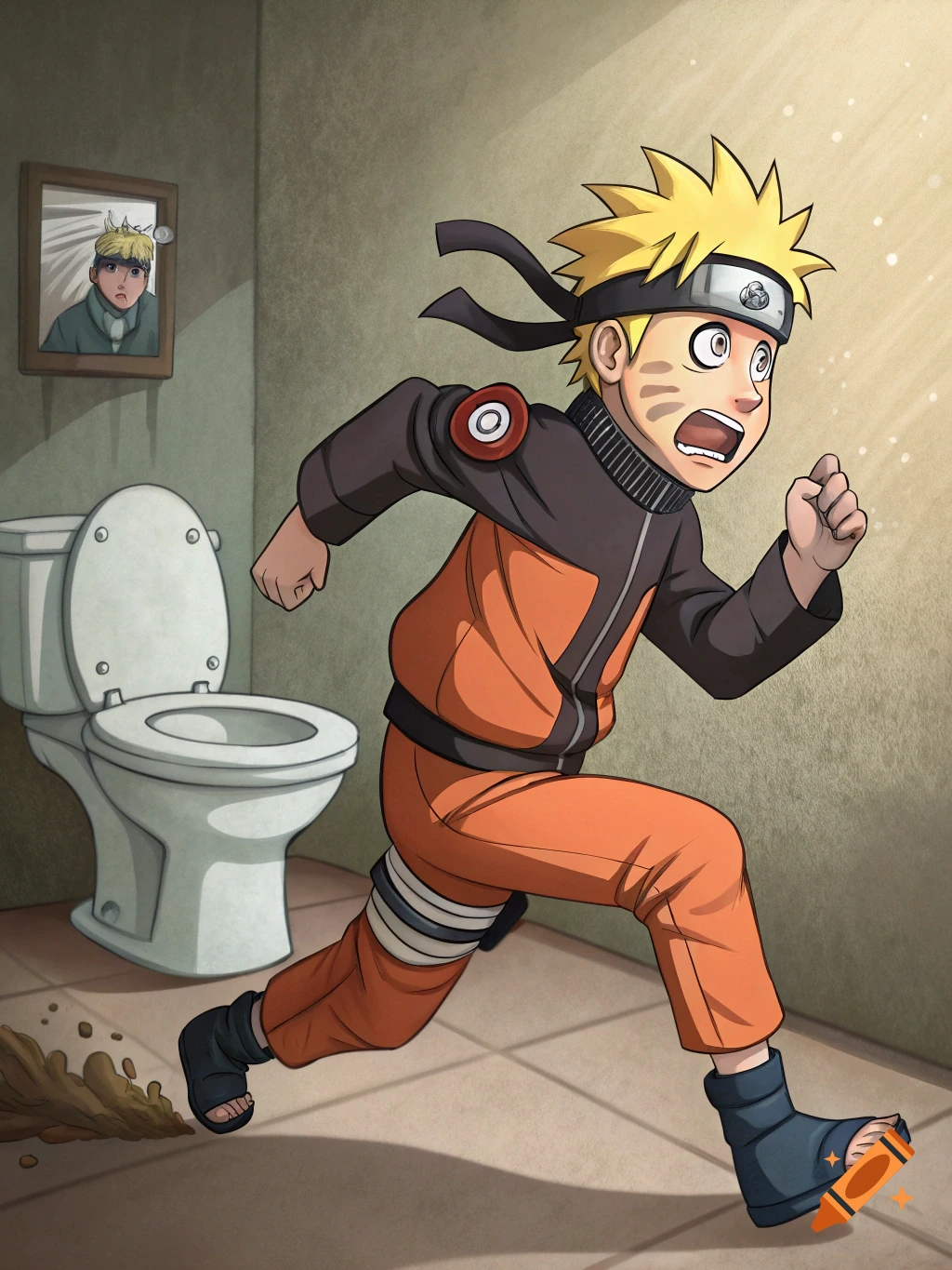 Anime style illustration of Naruto running from a toilet in a dirty ...