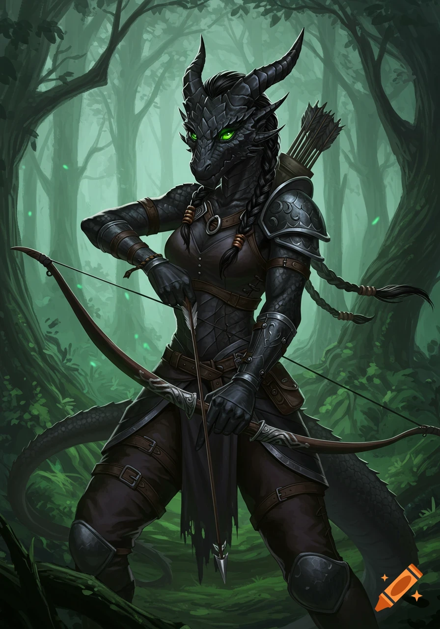 A black dragonborn character with green eyes, wearing leather armor and ...