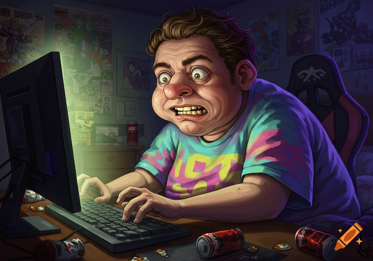 Illustration of a person with exaggerated features intensely gaming at ...