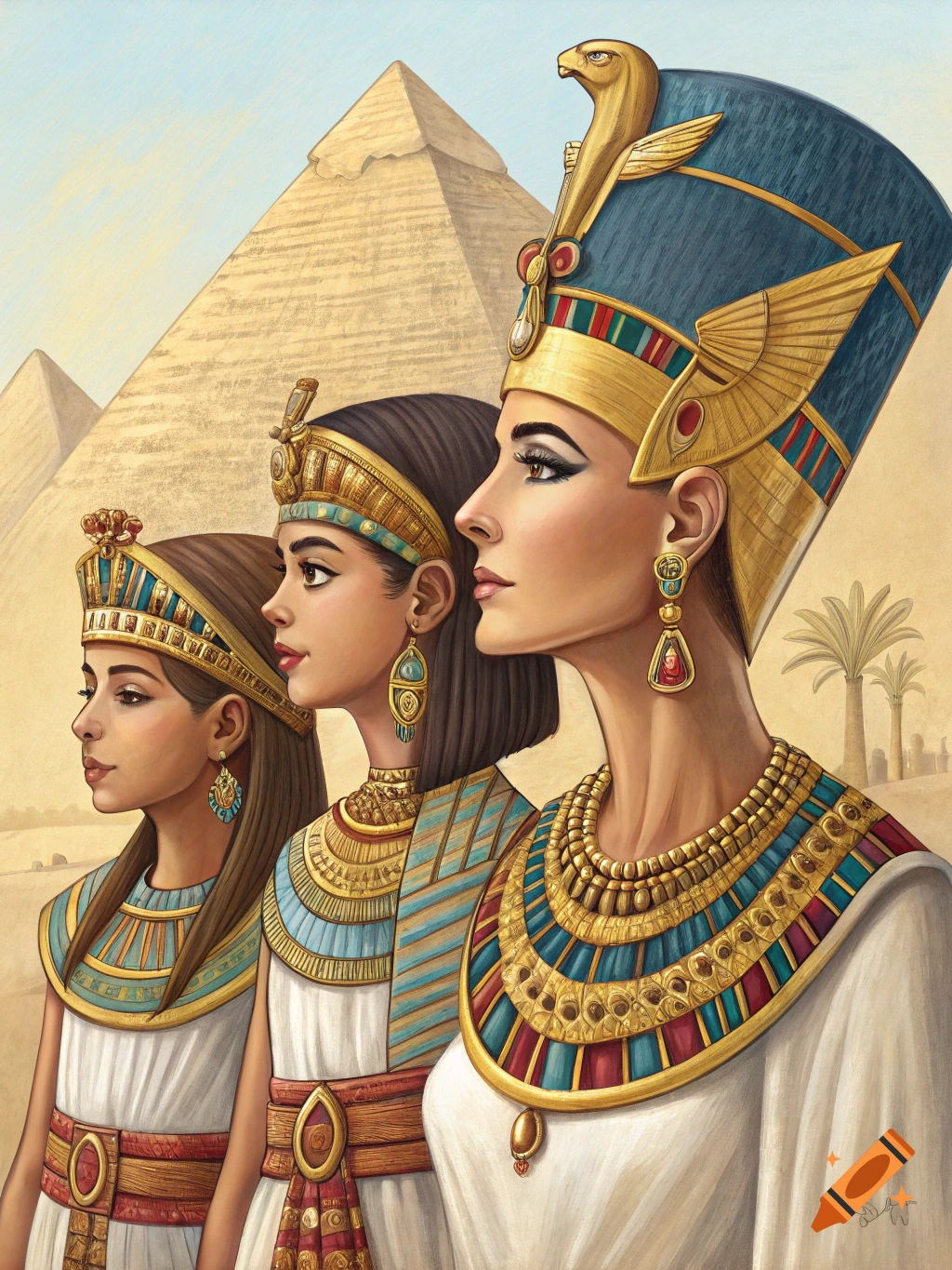 Illustration of three ancient Egyptian women in elaborate headdresses ...