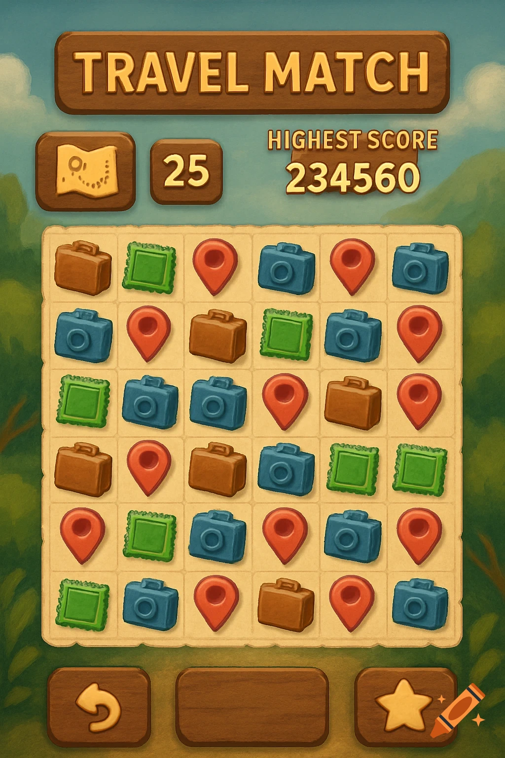 Screenshot of a mobile match-3 puzzle game interface with travel icons ...