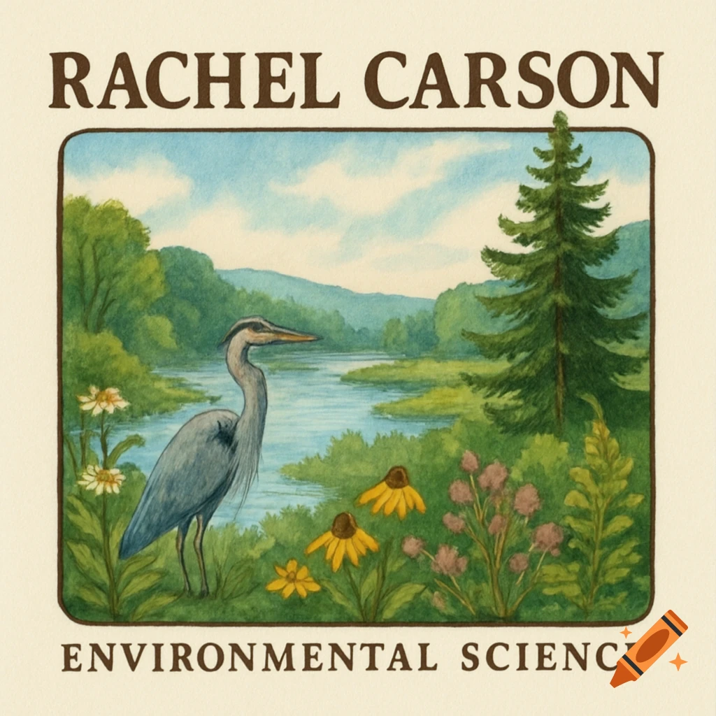 Watercolor illustration of a heron by a river with trees and flowers ...