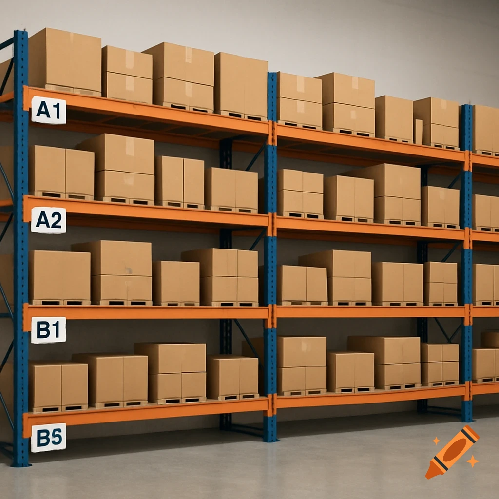 Warehouse shelves stocked with cardboard boxes. on Craiyon