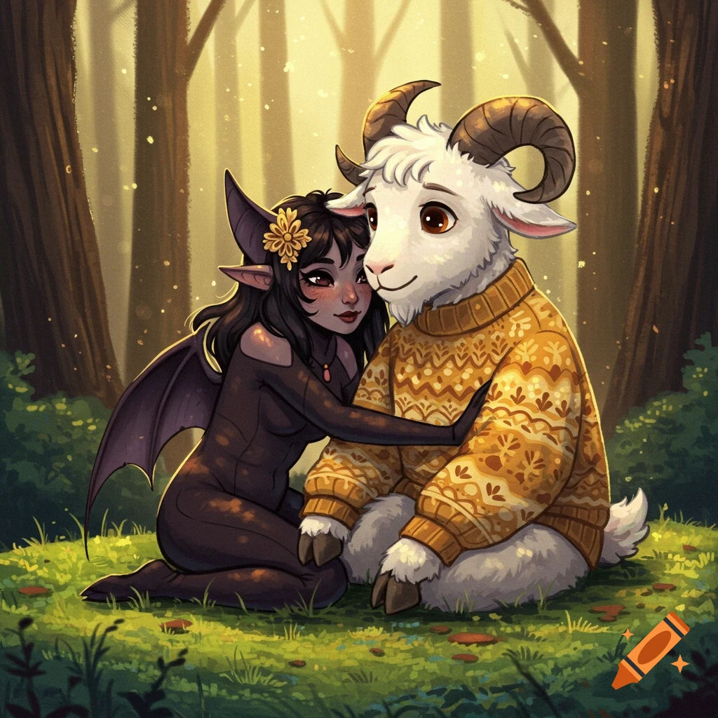 A bat-winged person cuddles a goat in a sweater in a forest. on Craiyon