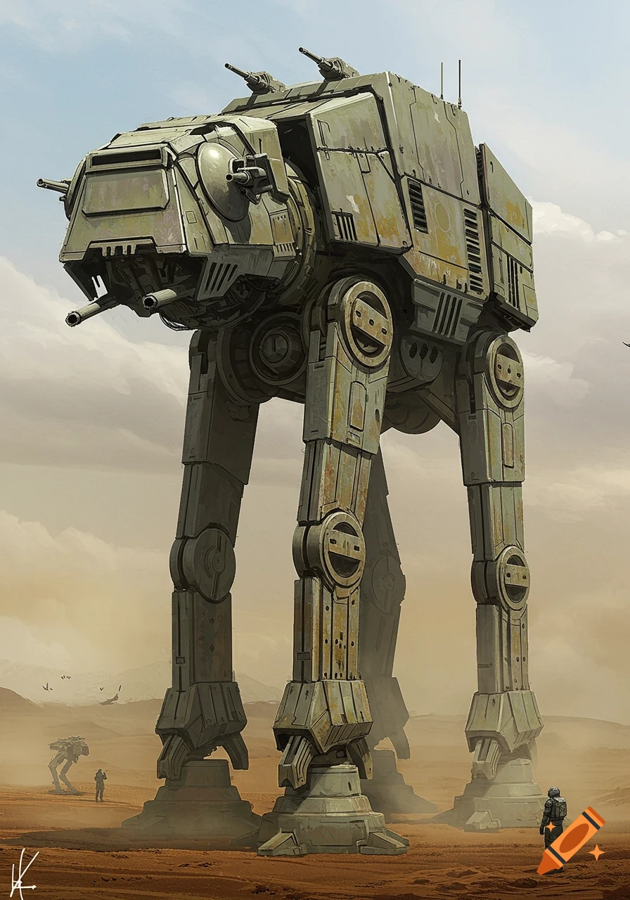 Large sci-fi walker stands in a vast desert landscape with smaller ...