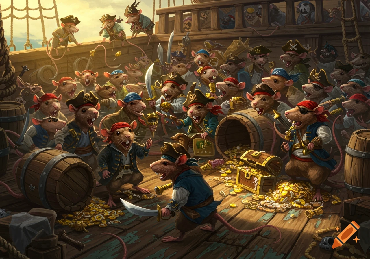 A large group of anthropomorphic pirate rats on a ship deck with ...