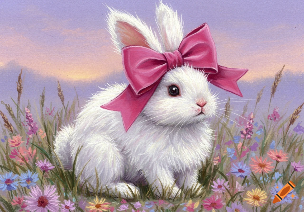 A white bunny with a pink bow sits in a field of colorful flowers ...