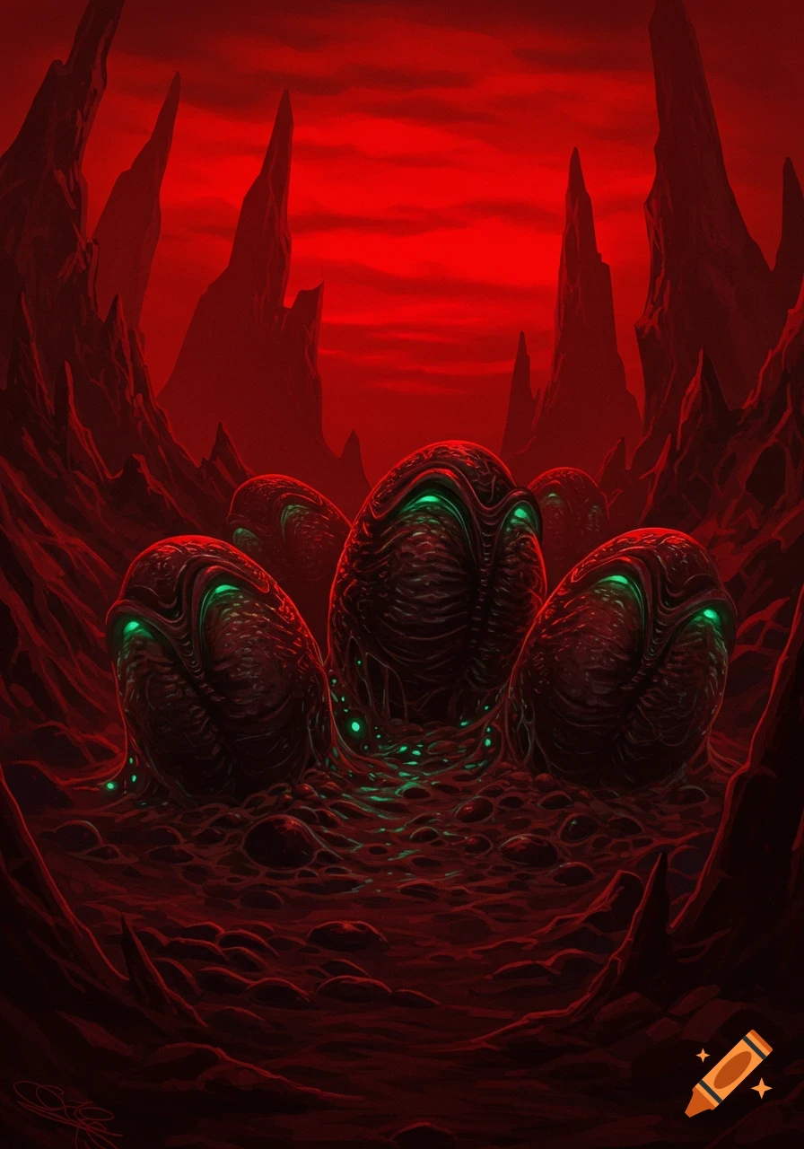 Slimy alien eggs glow green in a dark red, rocky alien landscape. on ...