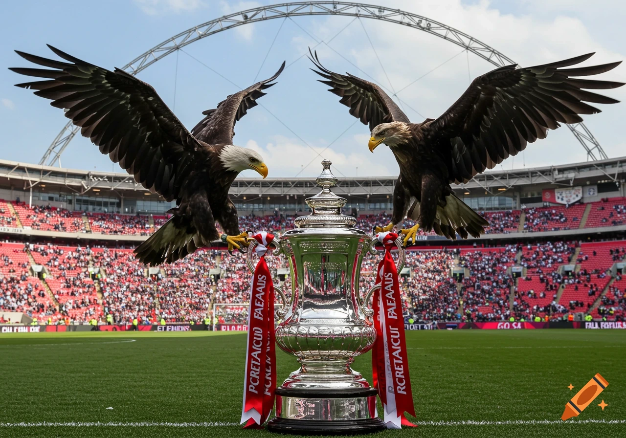 Two eagles perched on the FA Cup trophy on a soccer field in front of a stadium. on Craiyon