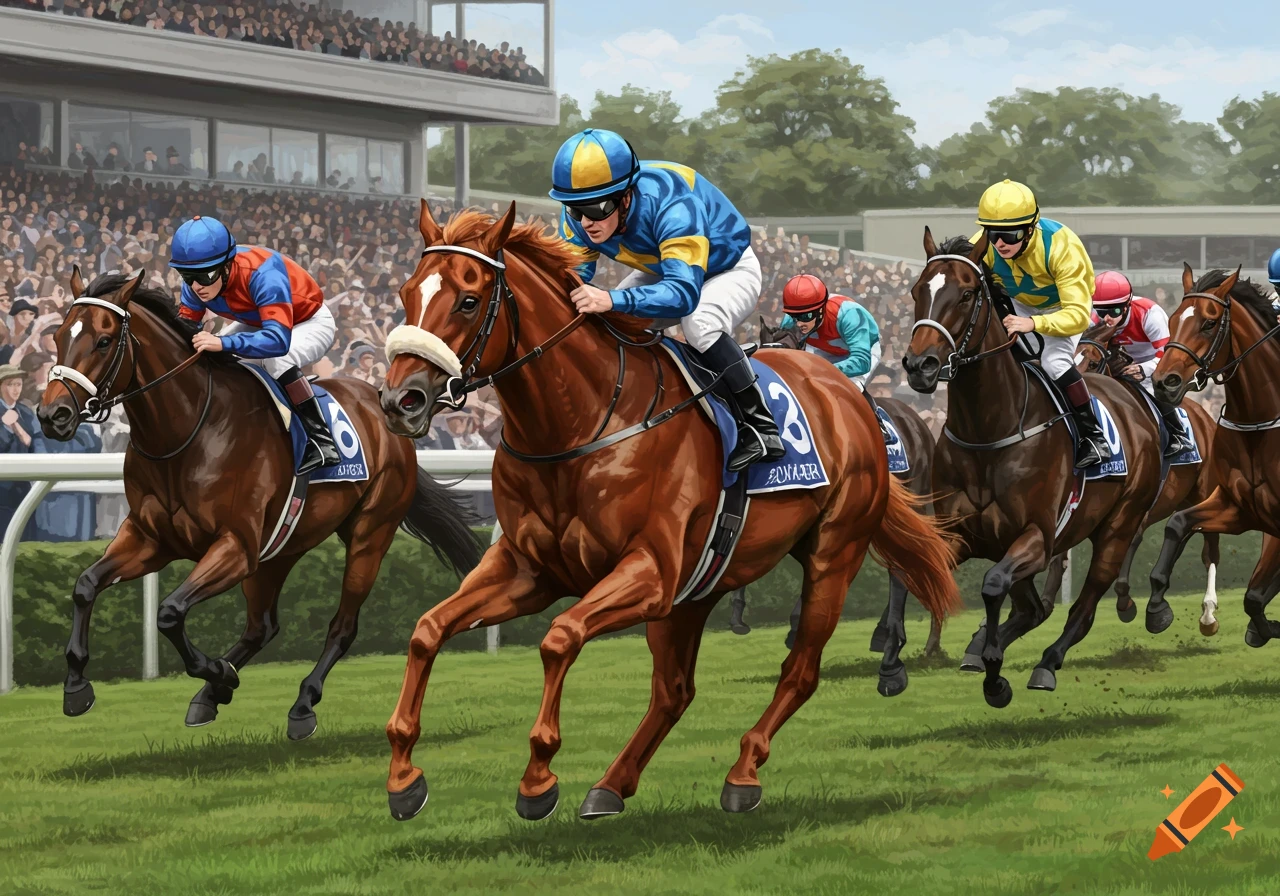 Jockeys on horses racing on a track with a crowd in the background ...