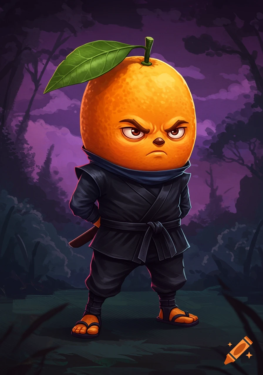 Cartoony orange character dressed as a ninja standing in a dark forest ...