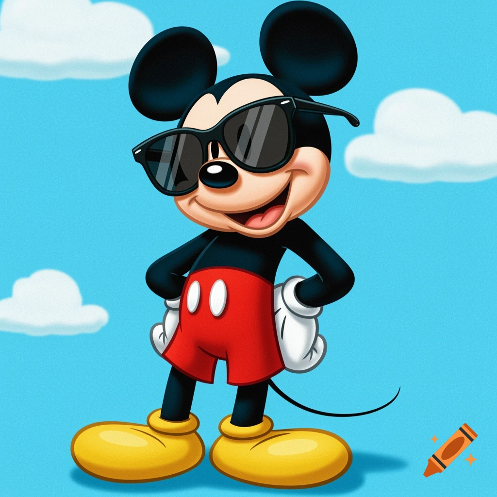 Mickey Mouse stands with hands on hips wearing sunglasses under a blue ...