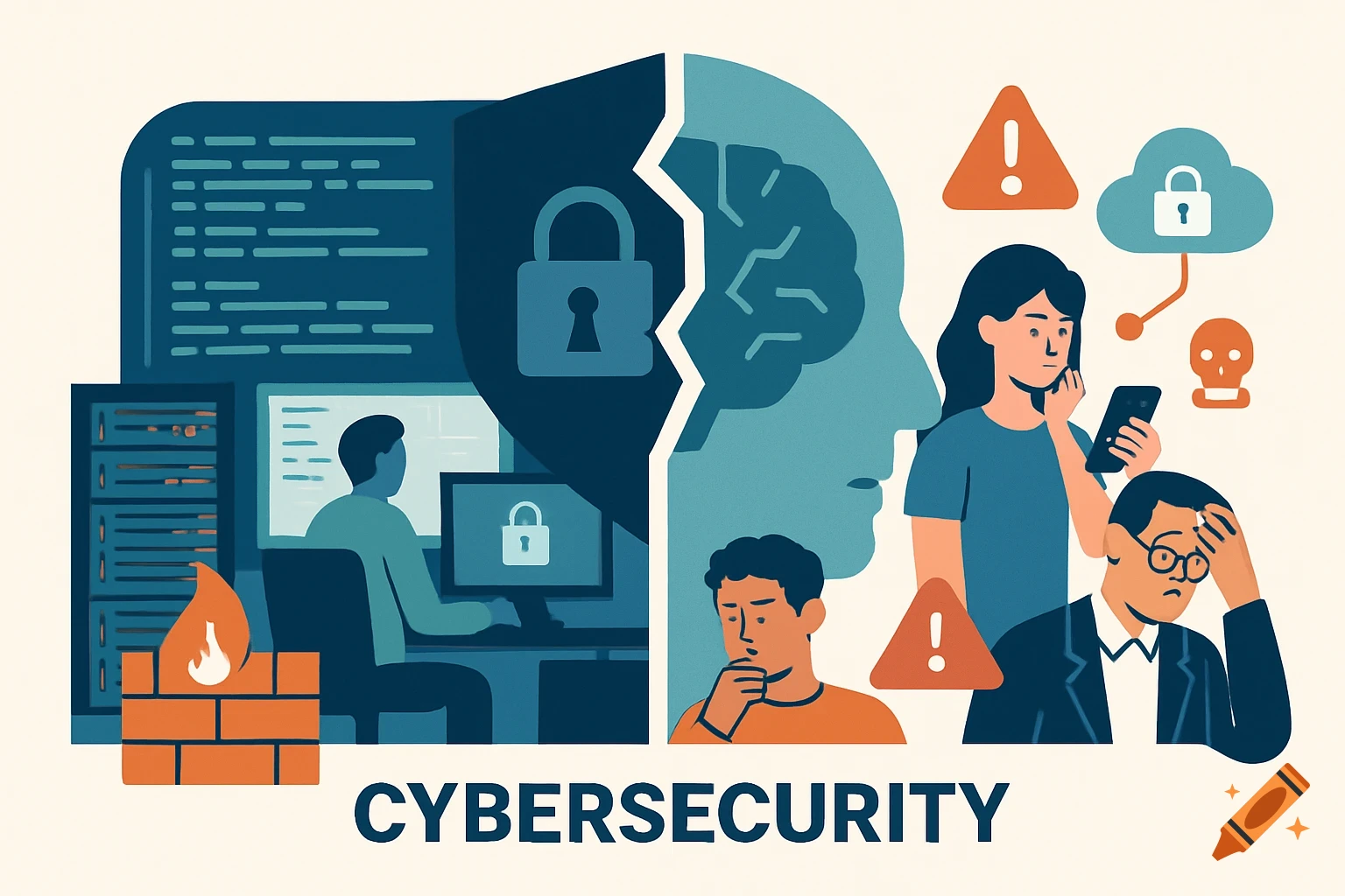 Illustration showing the technical and human sides of cybersecurity ...