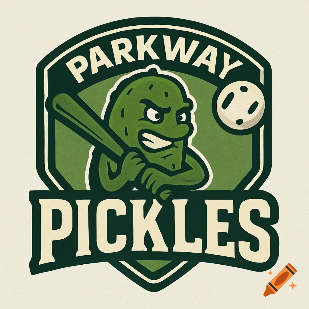 Logo for Parkway Pickles team, featuring a cartoon pickle swinging a ...