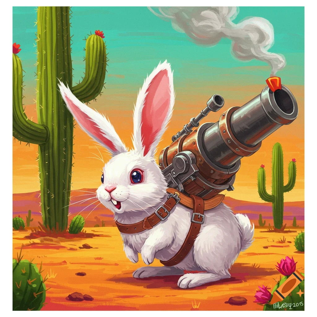 Cartoon bunny with a large cannon strapped to its back stands in a ...