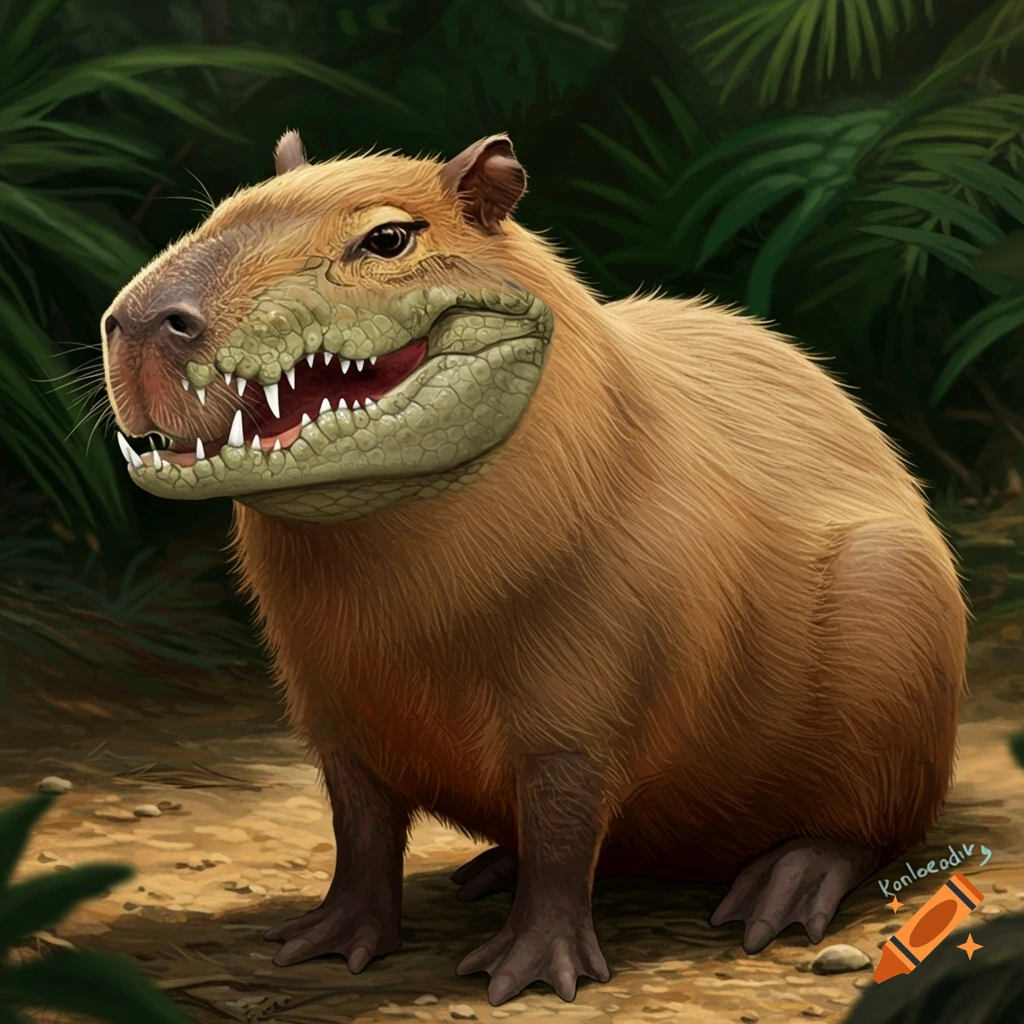 Illustration of a hybrid capybara and crocodile creature sitting in a ...