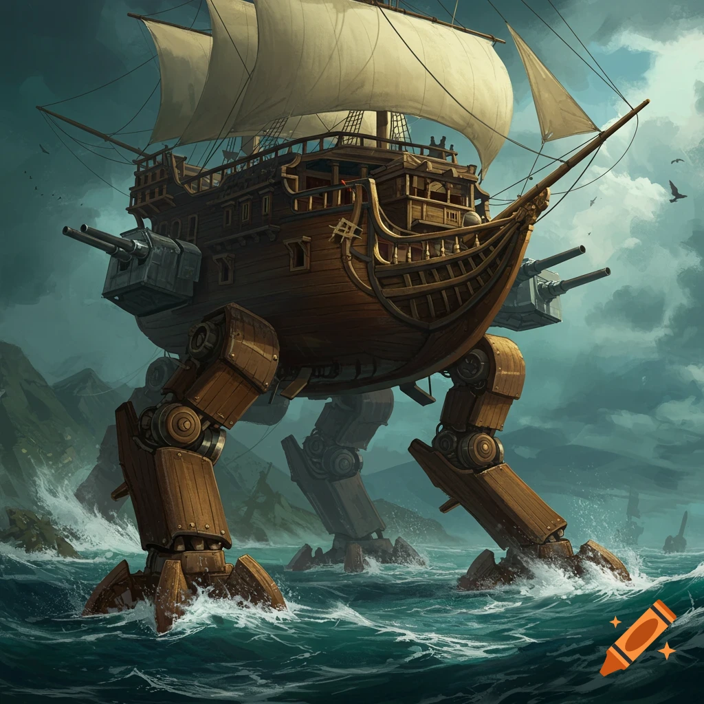 A fantasy illustration of a large sailing ship walking on mechanical ...