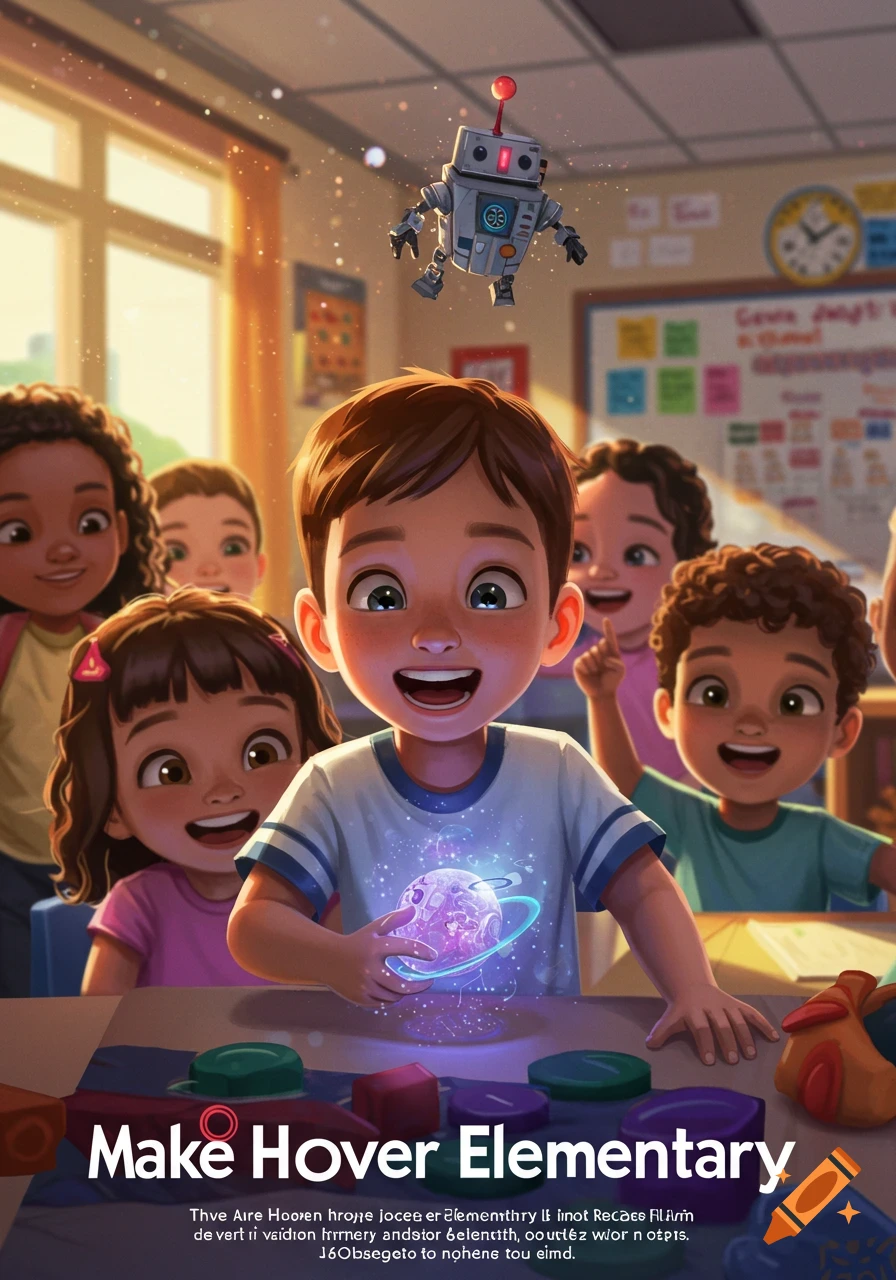 Cartoon illustration of children in a classroom looking at a floating ...