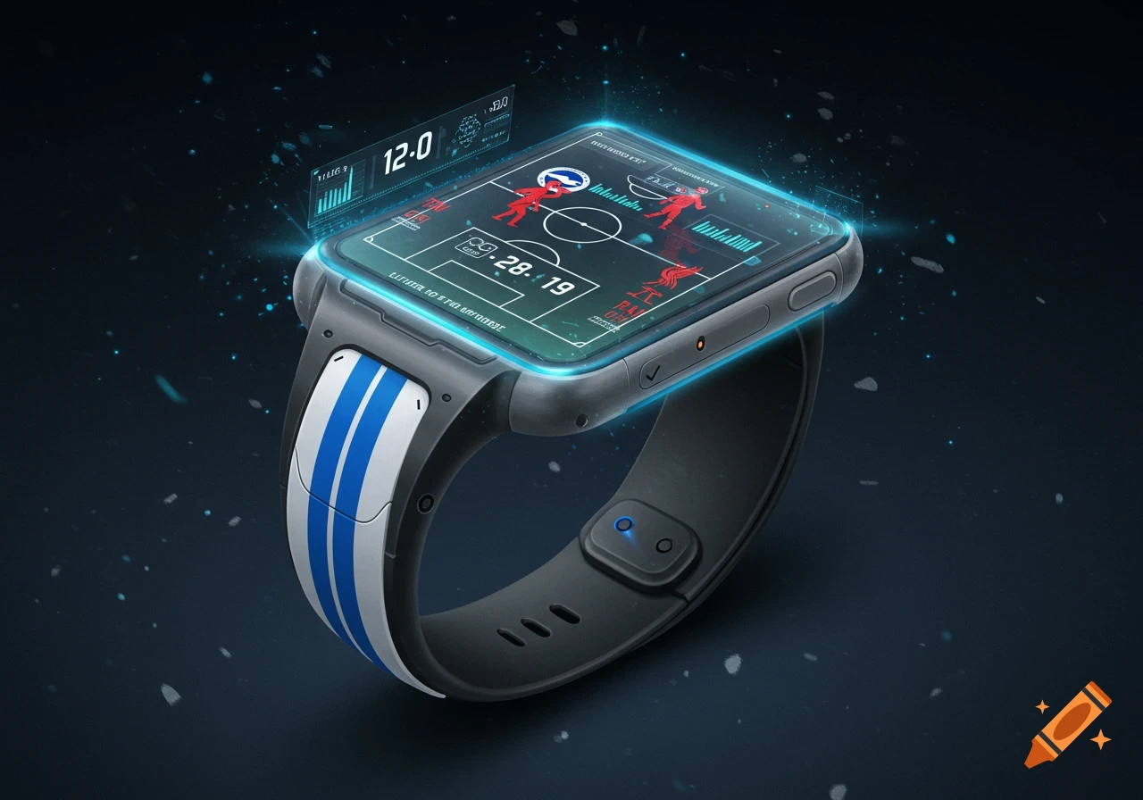 A futuristic smartwatch displays a soccer game interface with team ...