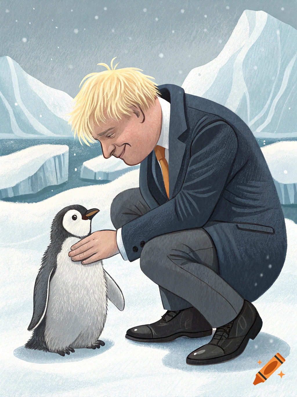 Illustration of Boris Johnson crouching and petting a penguin in a ...