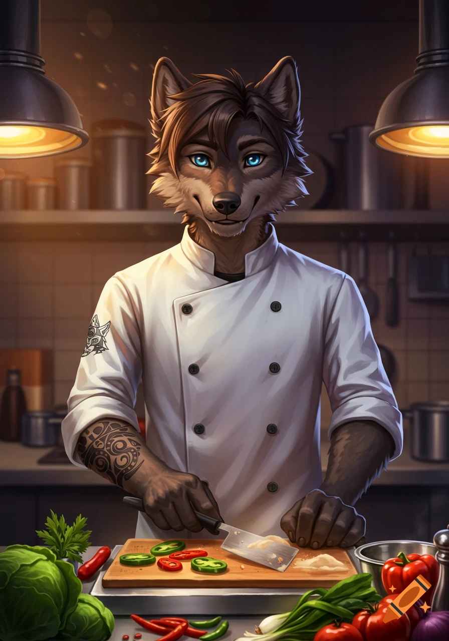 A humanoid wolf chef in a kitchen prepares vegetables on a cutting ...
