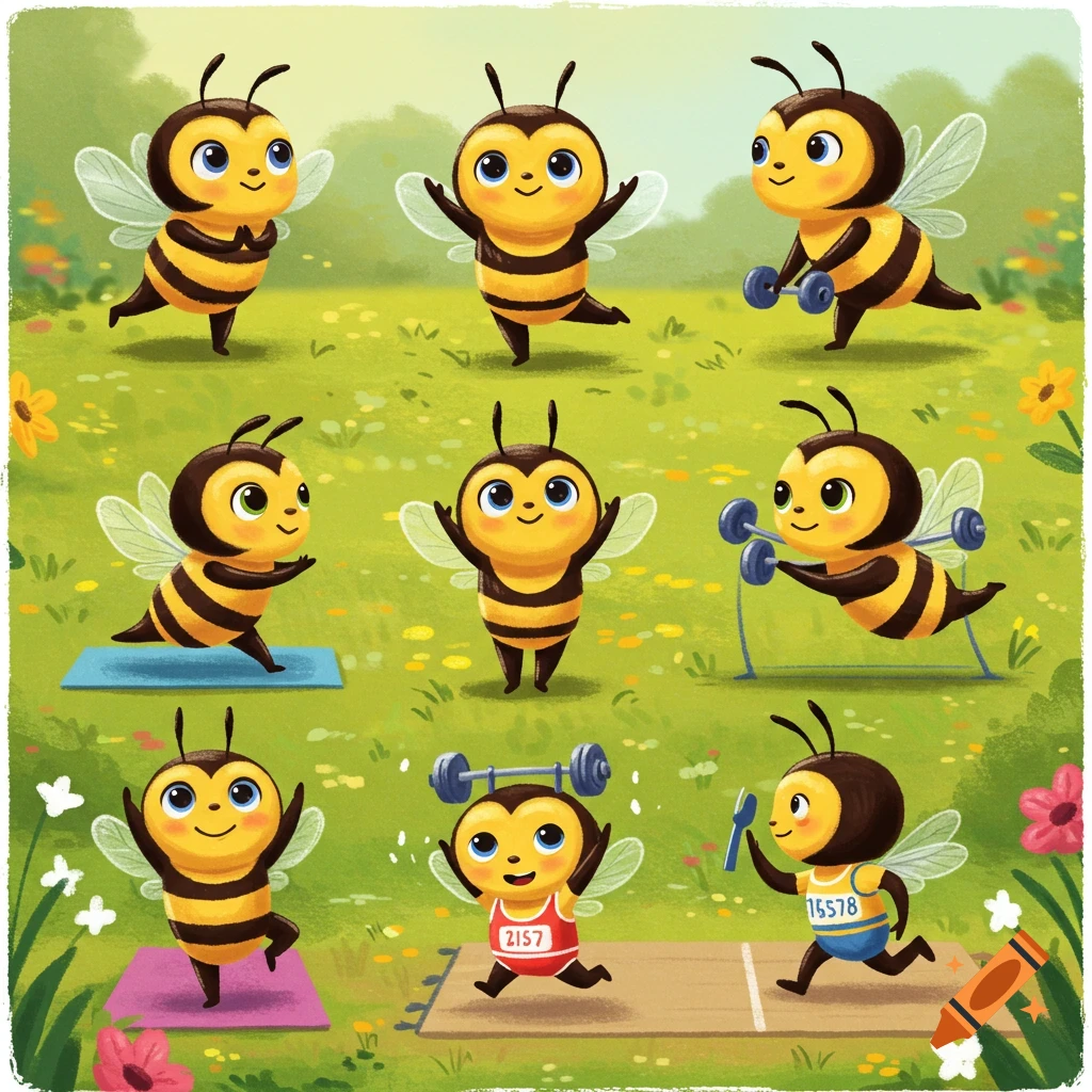 Cute cartoon bees exercise and lift weights in a grassy field. on Craiyon