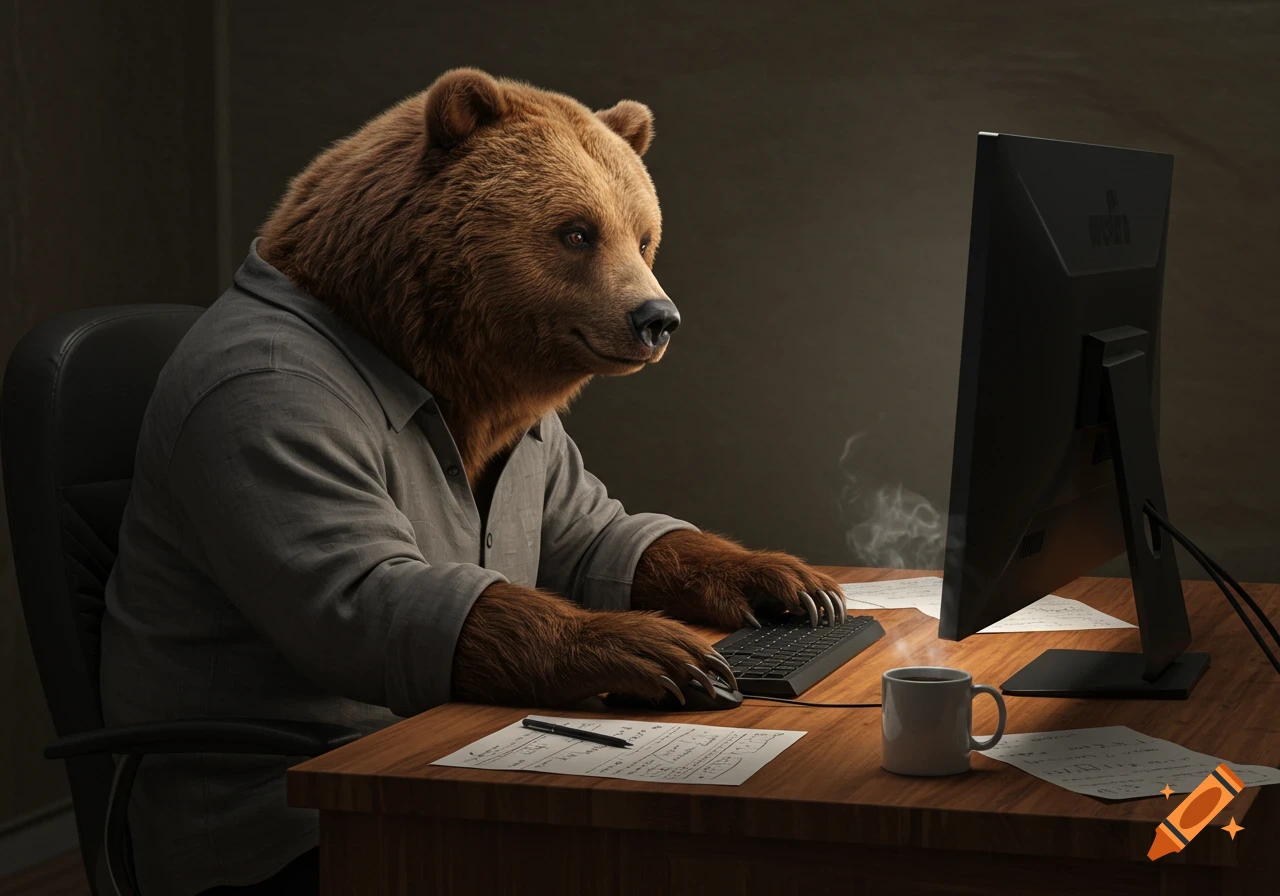 A realistic brown bear in a shirt sits at a wooden desk, typing on a ...