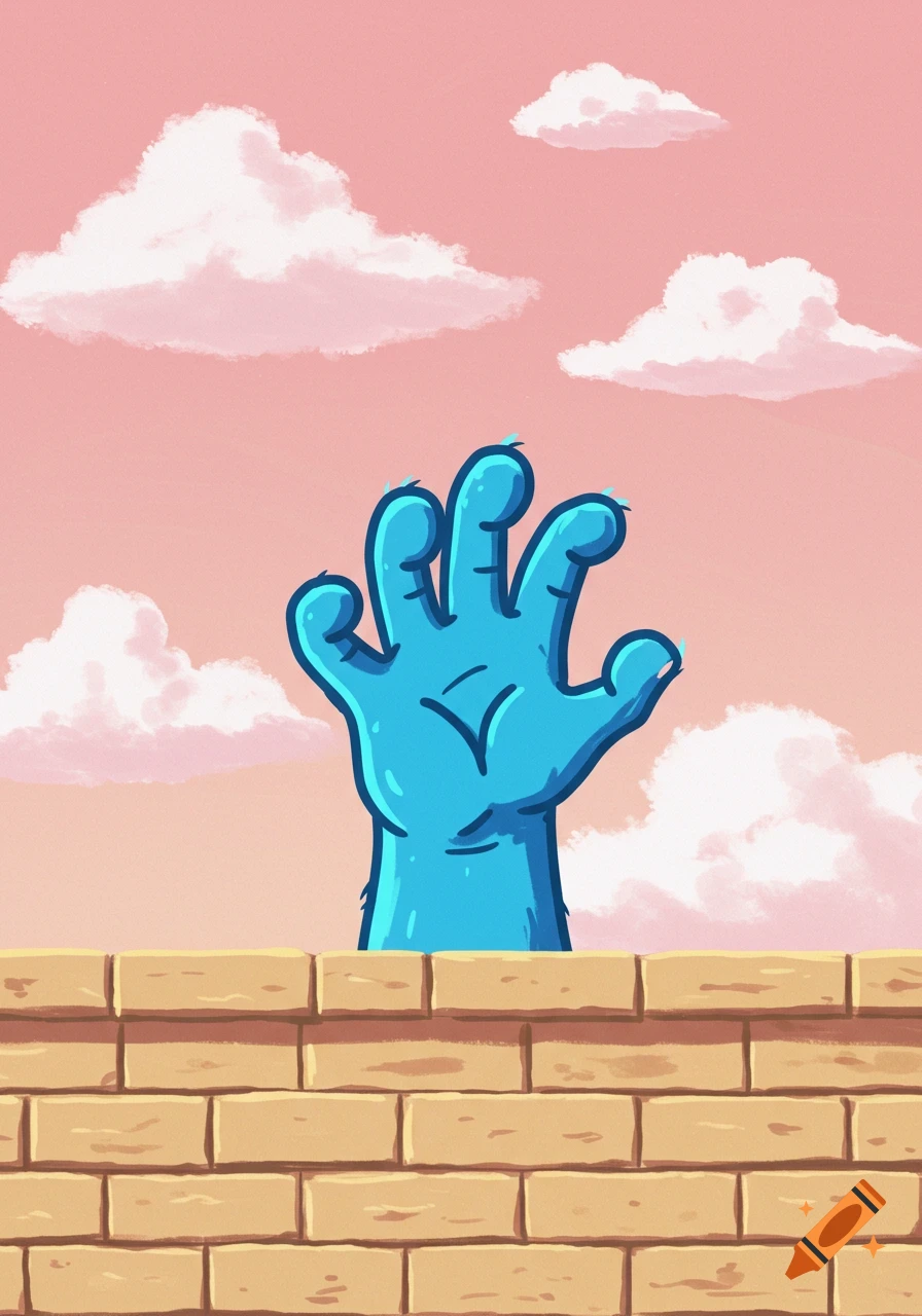 A blue monster hand reaches over a brick wall under a pink sky with ...
