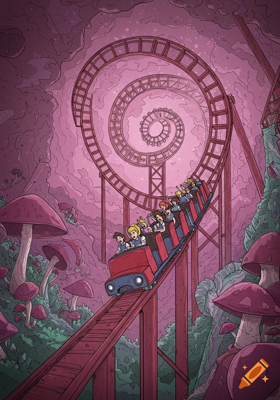 A roller coaster full of people rides through a fantasy landscape with ...