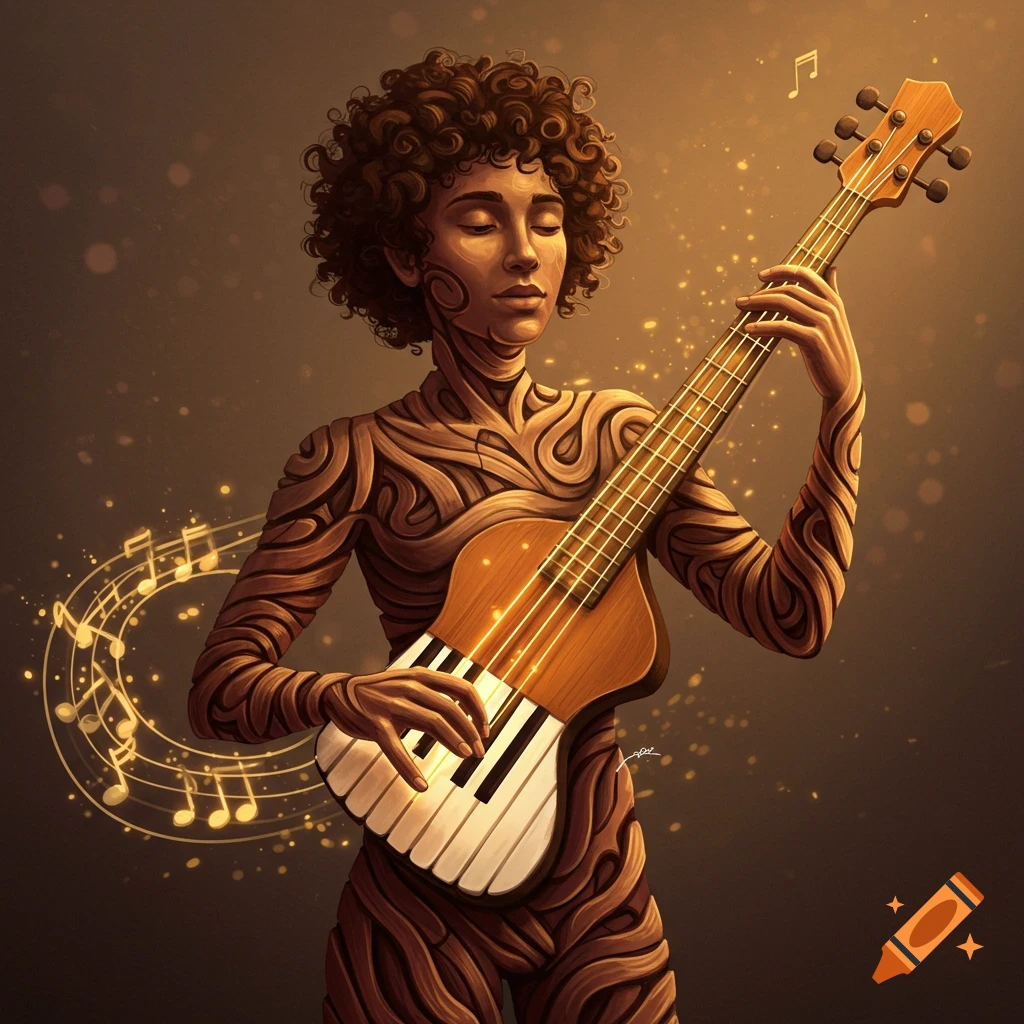 Abstract image of a person with a wooden body playing a hybrid piano ...