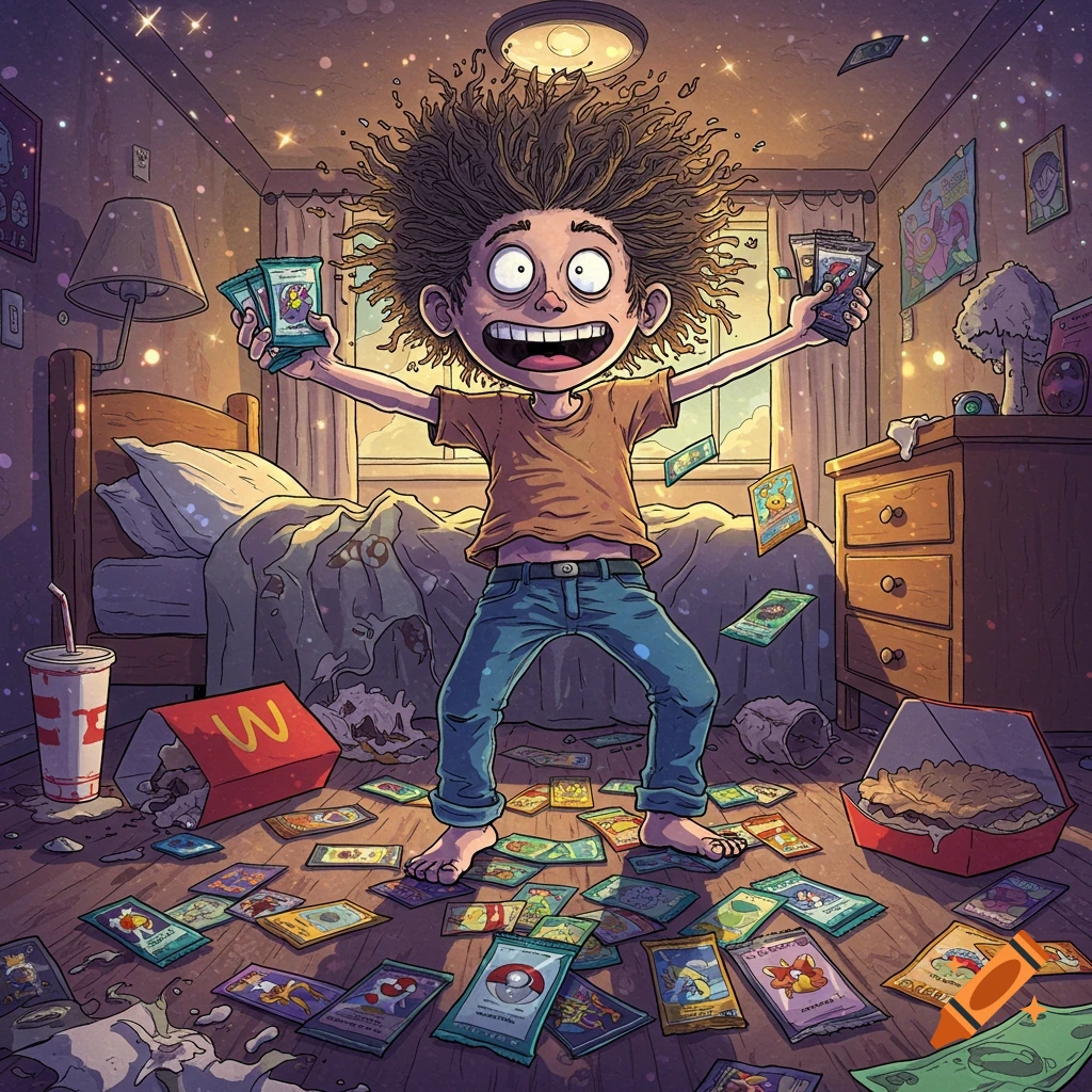 Excited boy shows Pokemon cards in a messy room full of cards, fast ...
