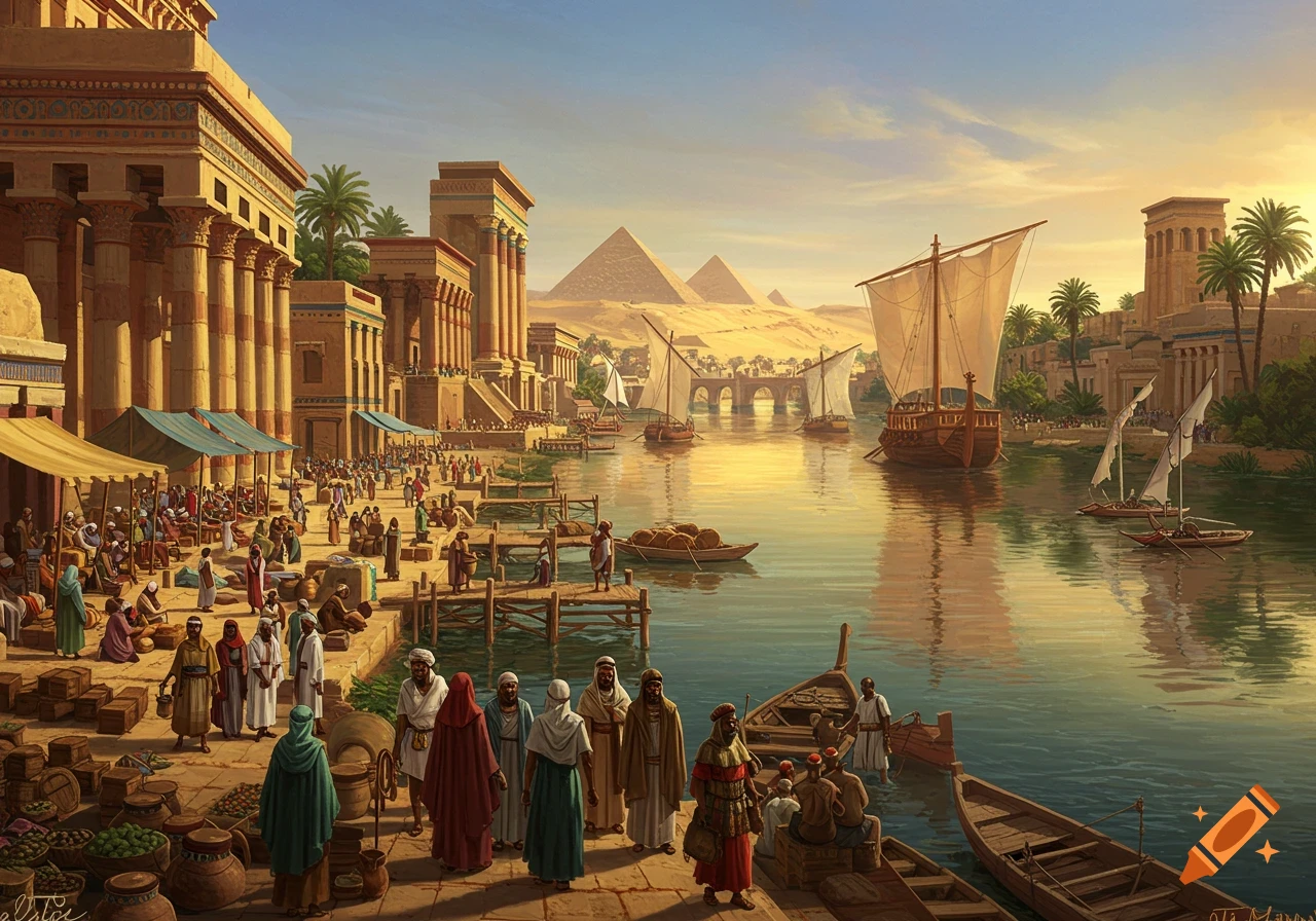 Bustling ancient port city on the Nile river with boats, buildings, people, and pyramids under a ...