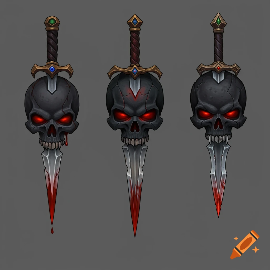 Three stylized skull daggers with glowing red eyes and dripping blood ...