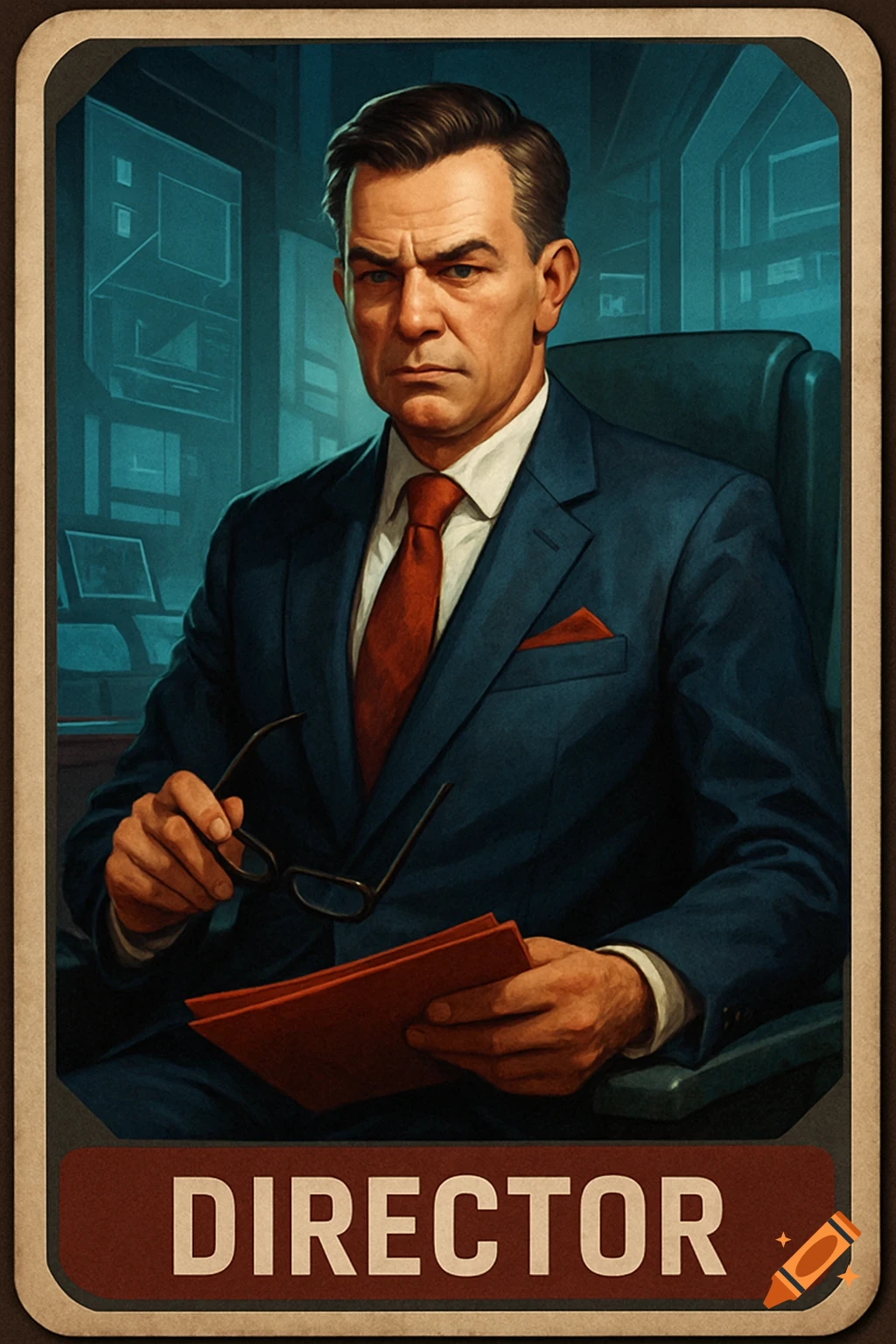 Illustrated portrait of a man in a suit holding glasses on a board game ...