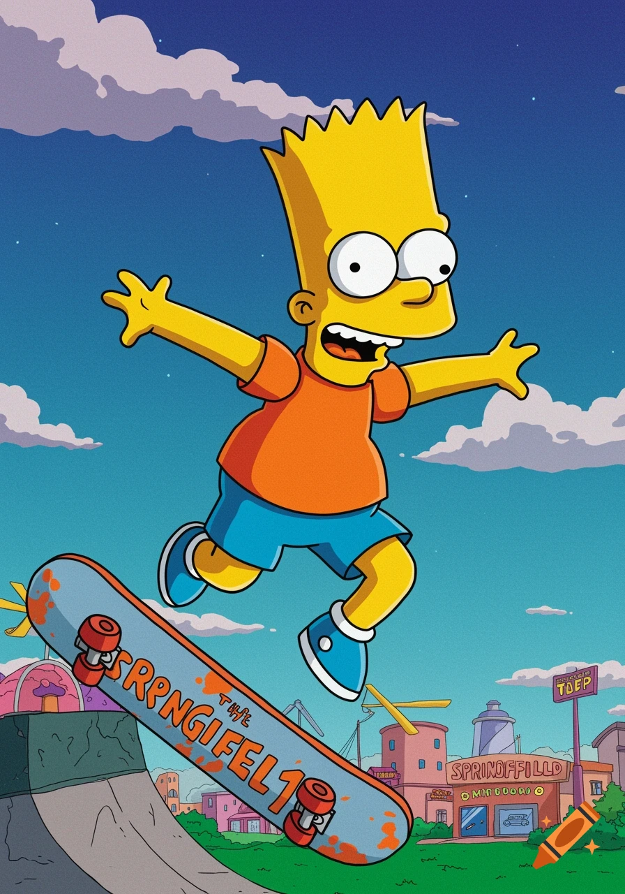 Cartoon Bart Simpson skateboarding on a ramp in Springfield on Craiyon