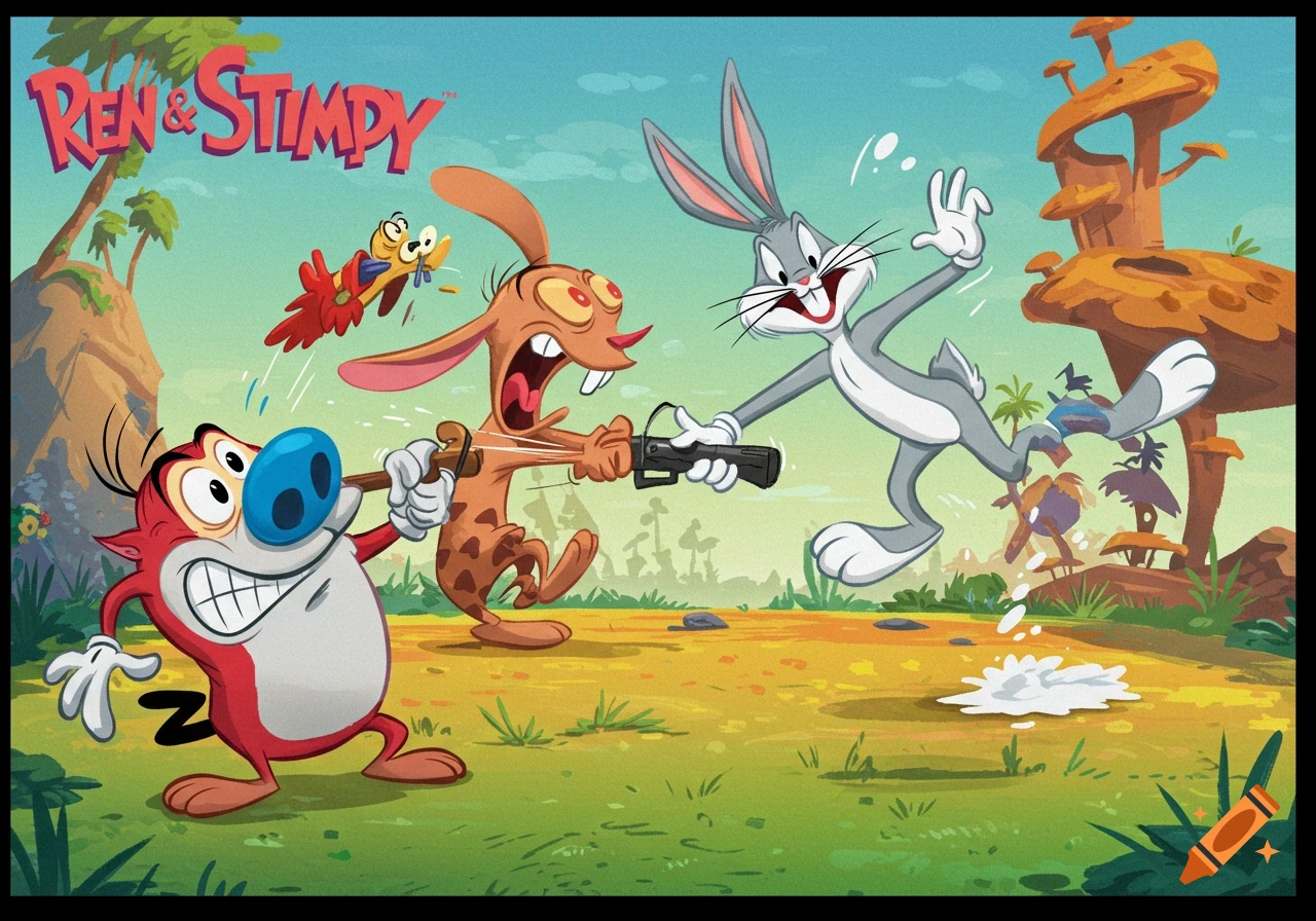 Cartoon characters Ren and Stimpy point a weapon at Bugs Bunny in a ...