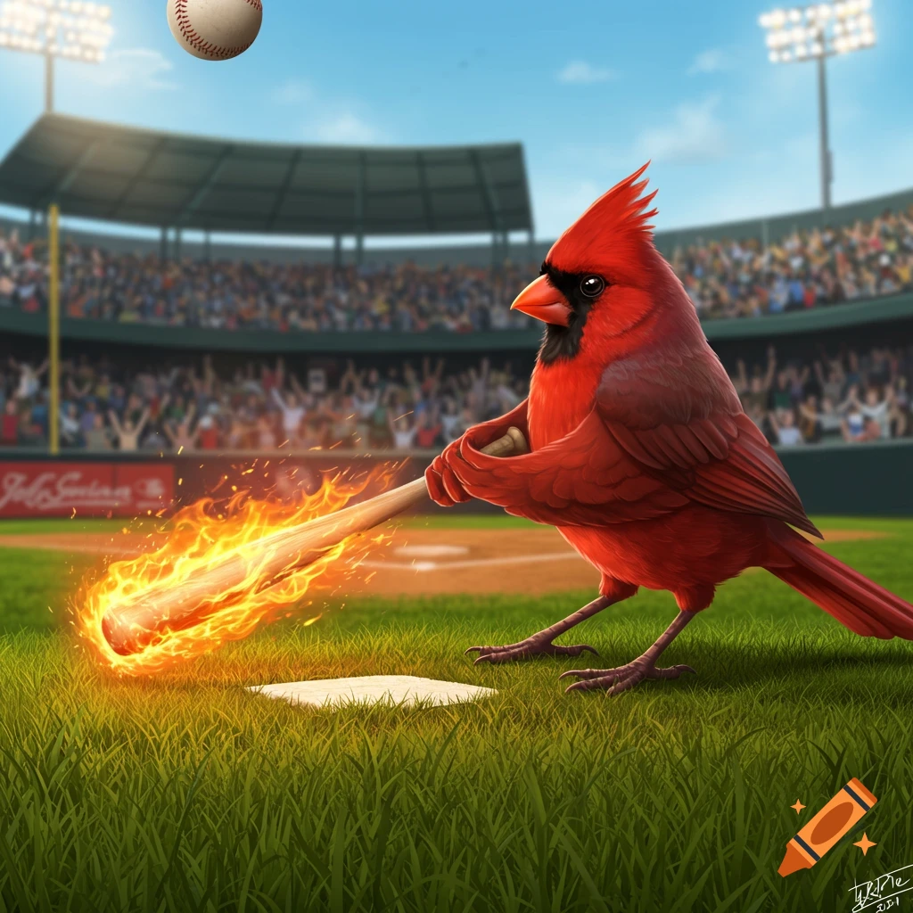 Illustration of a cardinal bird hitting a flaming baseball bat in a ...