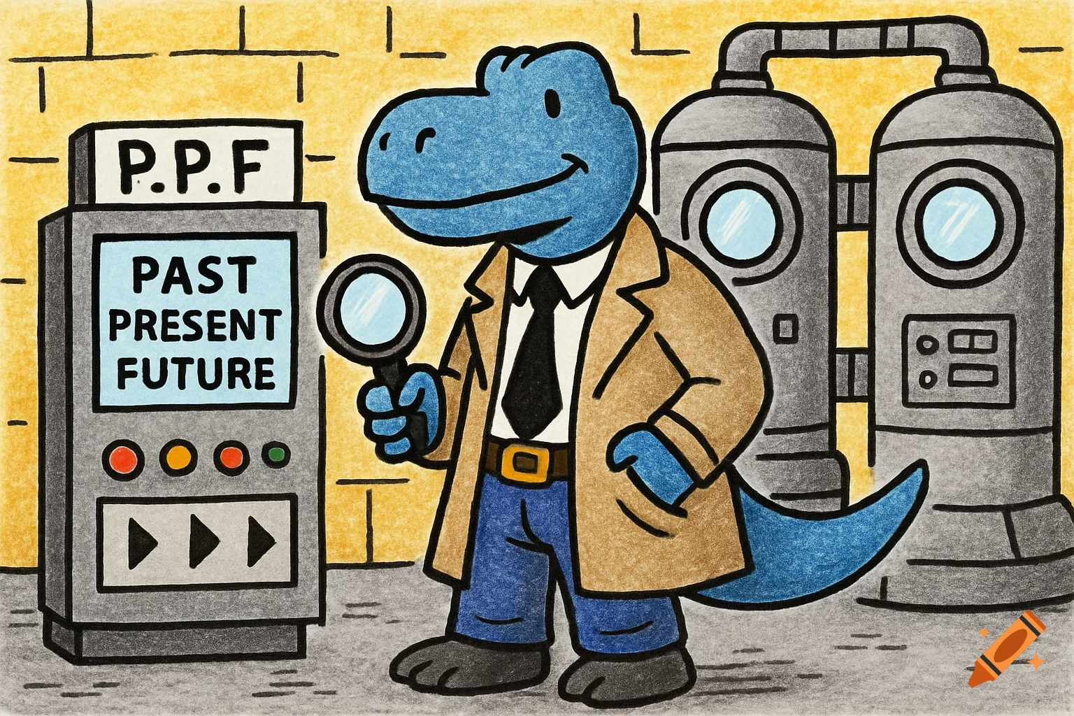 Cartoon dinosaur detective with magnifying glass stands next to a machine labeled 'Past Present ...