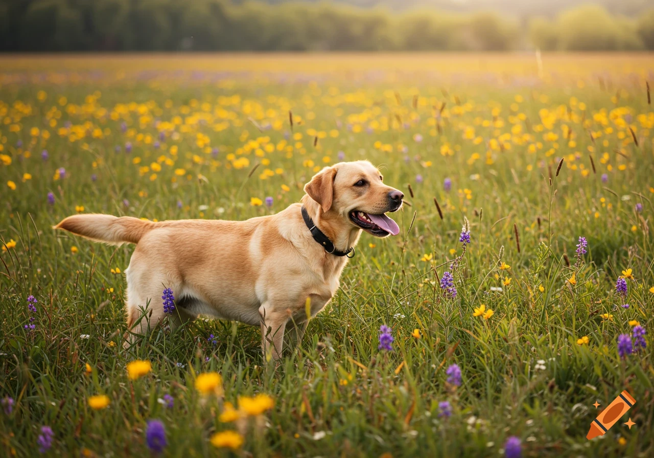 A golden Labrador dog stands in a field of yellow and purple ...