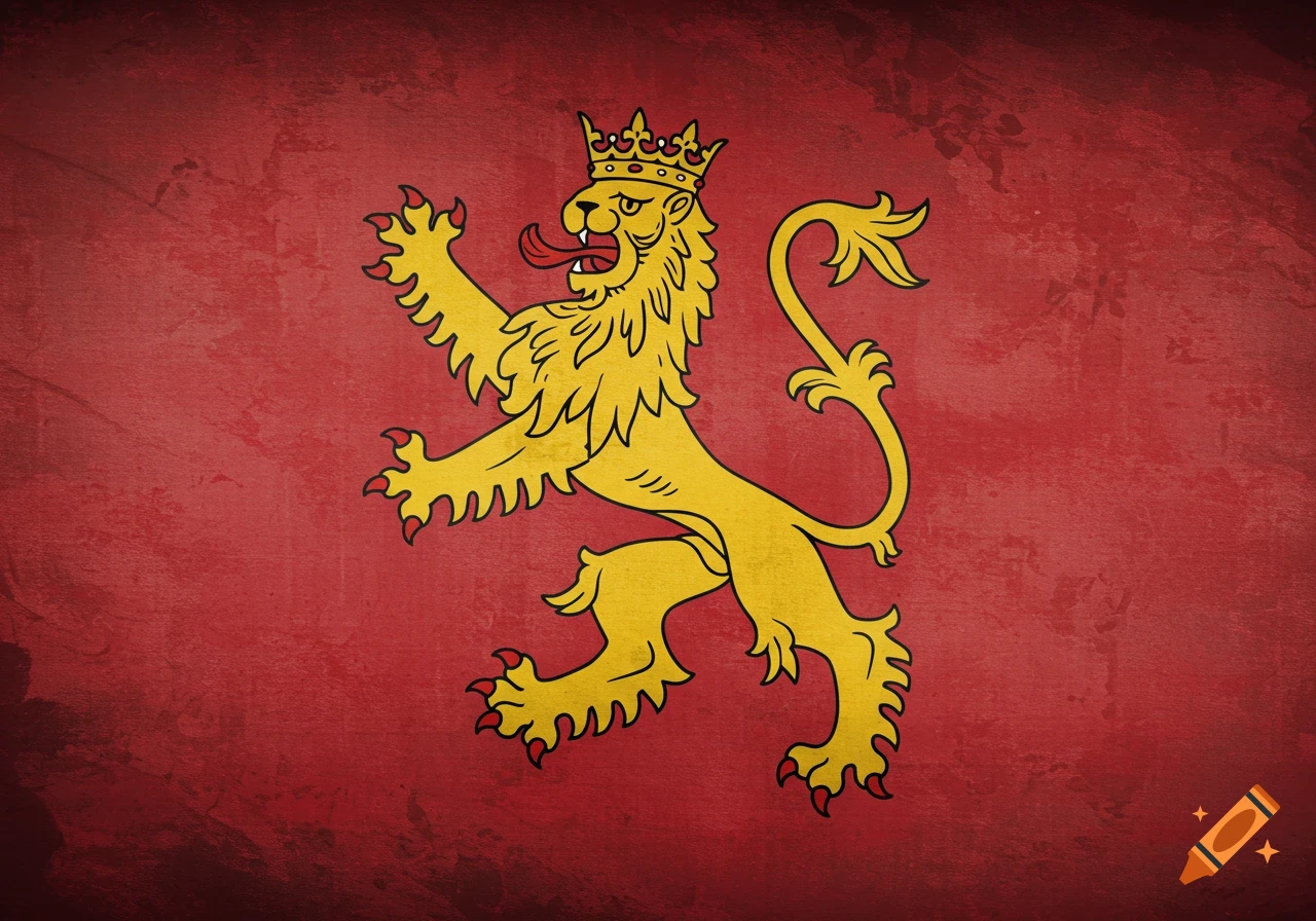 A golden lion rampant with a crown on a red background, in a painted ...