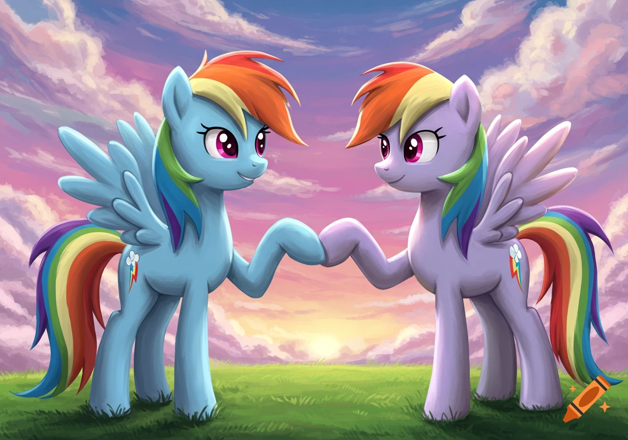 Two Animated Ponies Resembling Rainbow Dash Shaking Hands In A Field At
