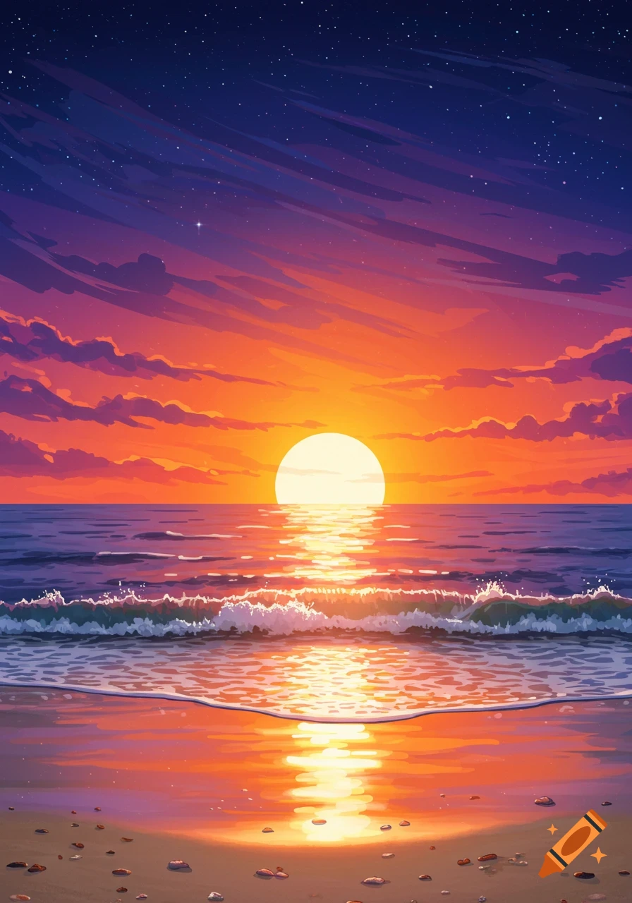Anime style illustration of a vibrant sunset over a beach with waves ...