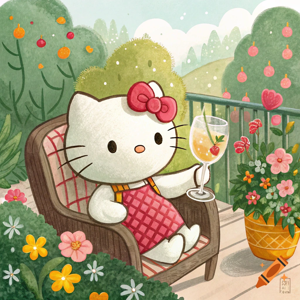 Hello Kitty sits in a chair on a balcony, holding a glass of beverage ...
