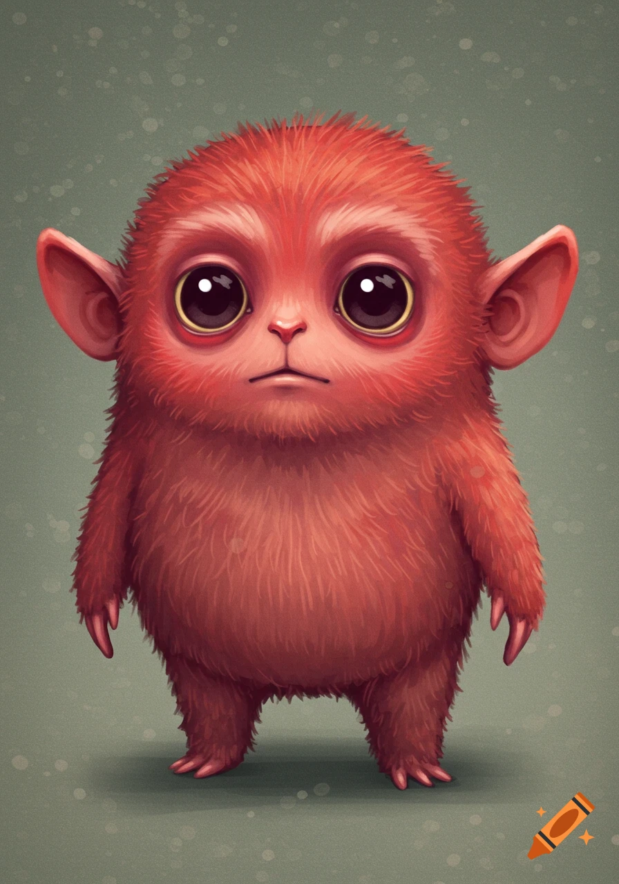 A cute, furry red monster creature with big eyes and floppy ears ...