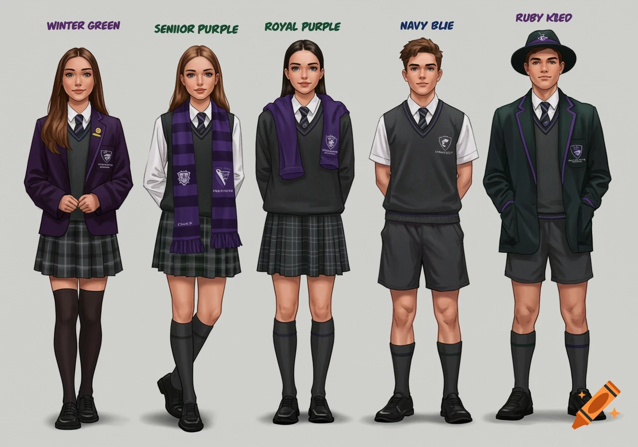 Five students in different purple, green, and black school uniforms. on ...