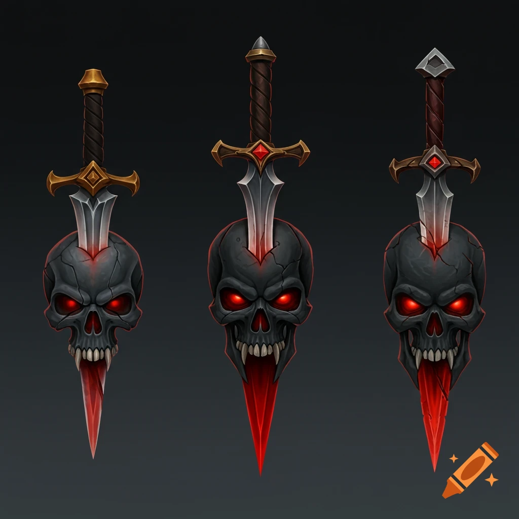 Three stylized black skulls pierced by blood-red daggers, gothic dark ...