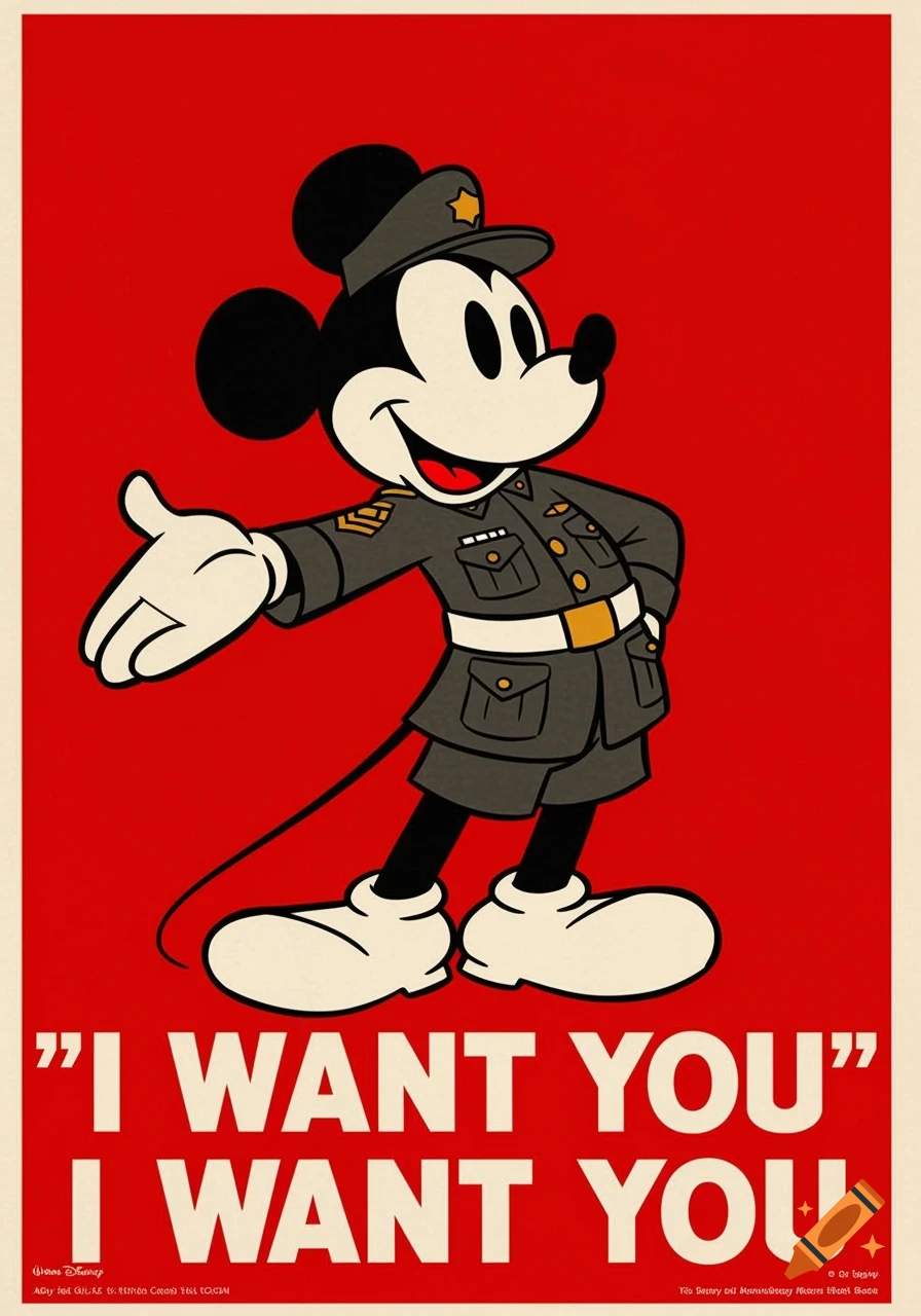 Cartoon poster of Mickey Mouse in military uniform pointing, with text ...