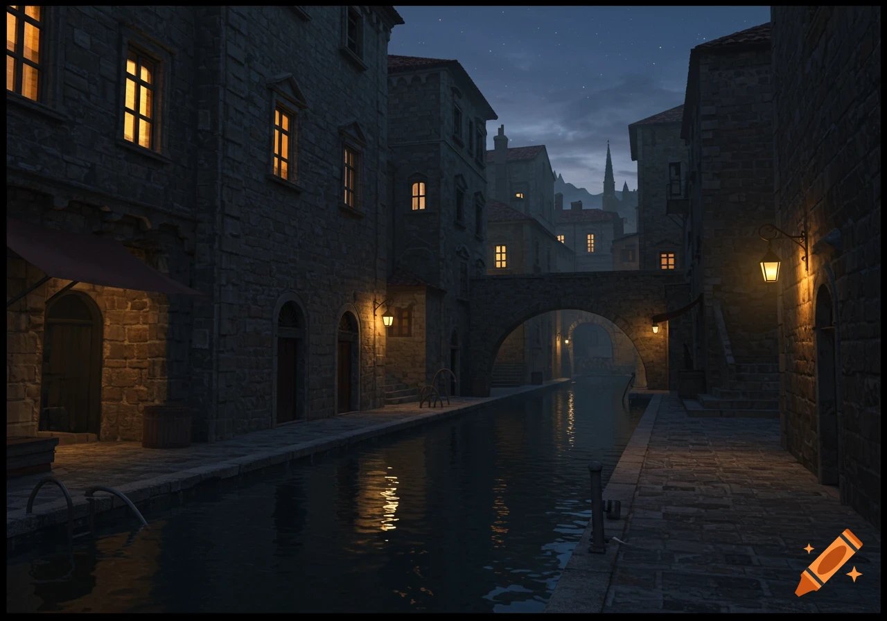 A medieval city street at night with a canal, lit windows, and stone ...