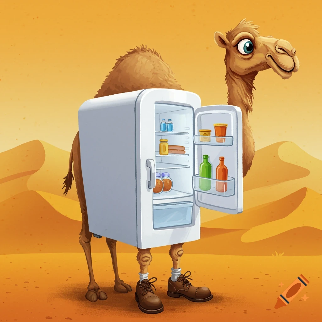Illustration of a cartoon camel with a refrigerator as its body and ...